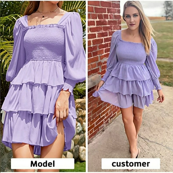 Dresses | Square Neck Ruffle Dress Long Sleeve Floral Prin | Poshmark